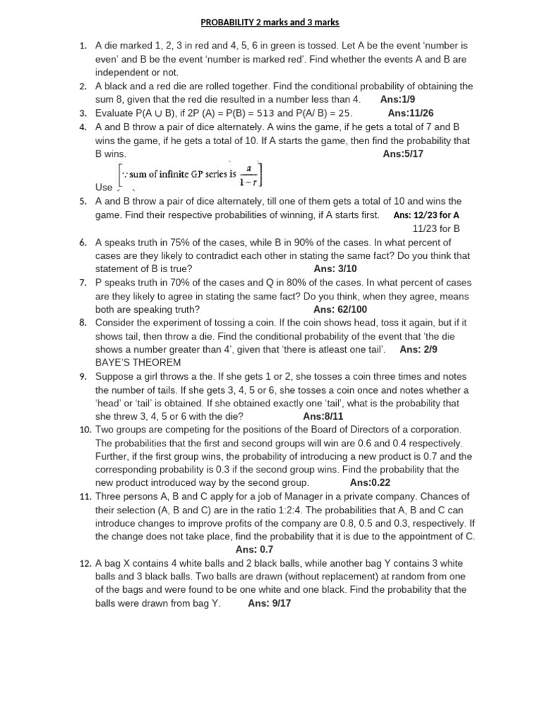 PROBABILITY 2 Marks and 3 Marks | PDF | Probability | Odds