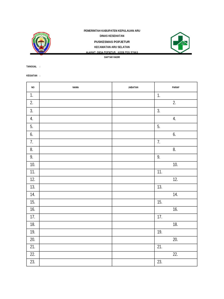 Form Daftar Hadir PKM Popjetur | PDF