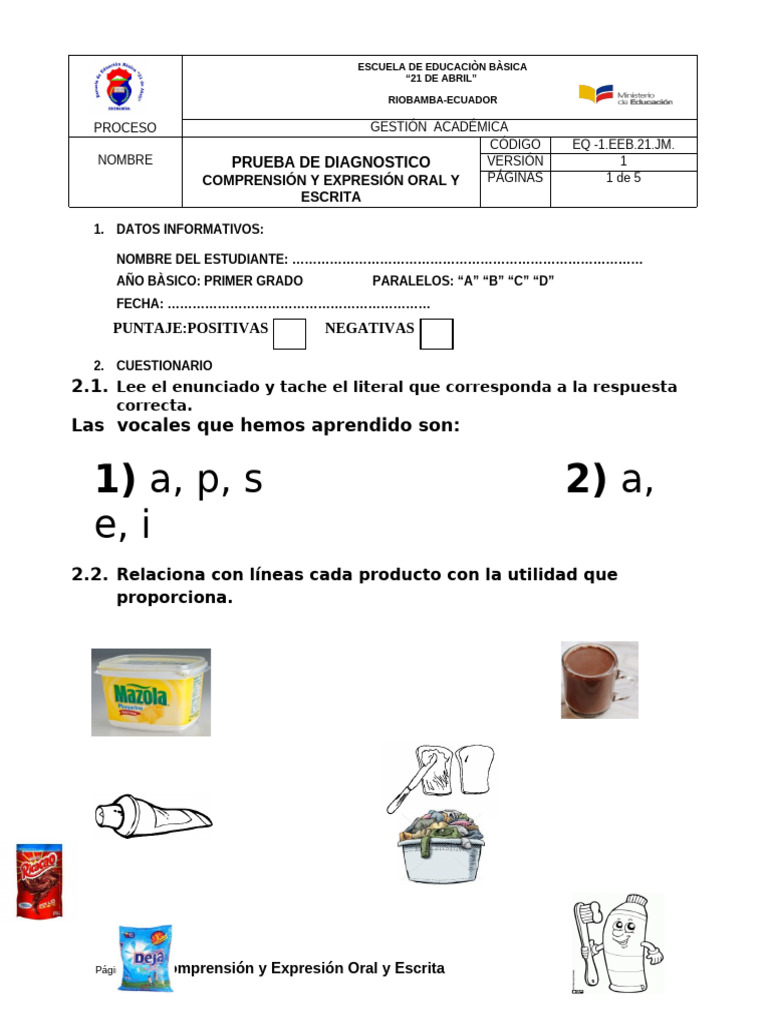 Prueba de Diagnostico de Comprensión y Expresión Oral y Escrita 2020 ...