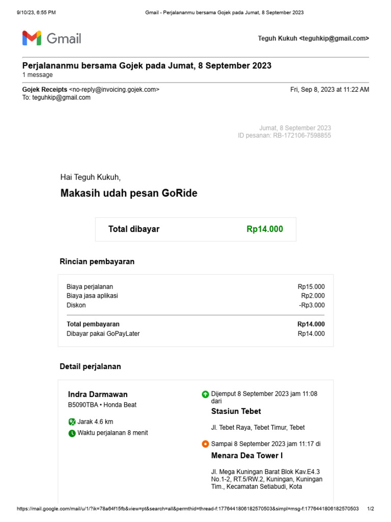 Rincian Perjalanan Gojek 8 Sept 2023 | PDF