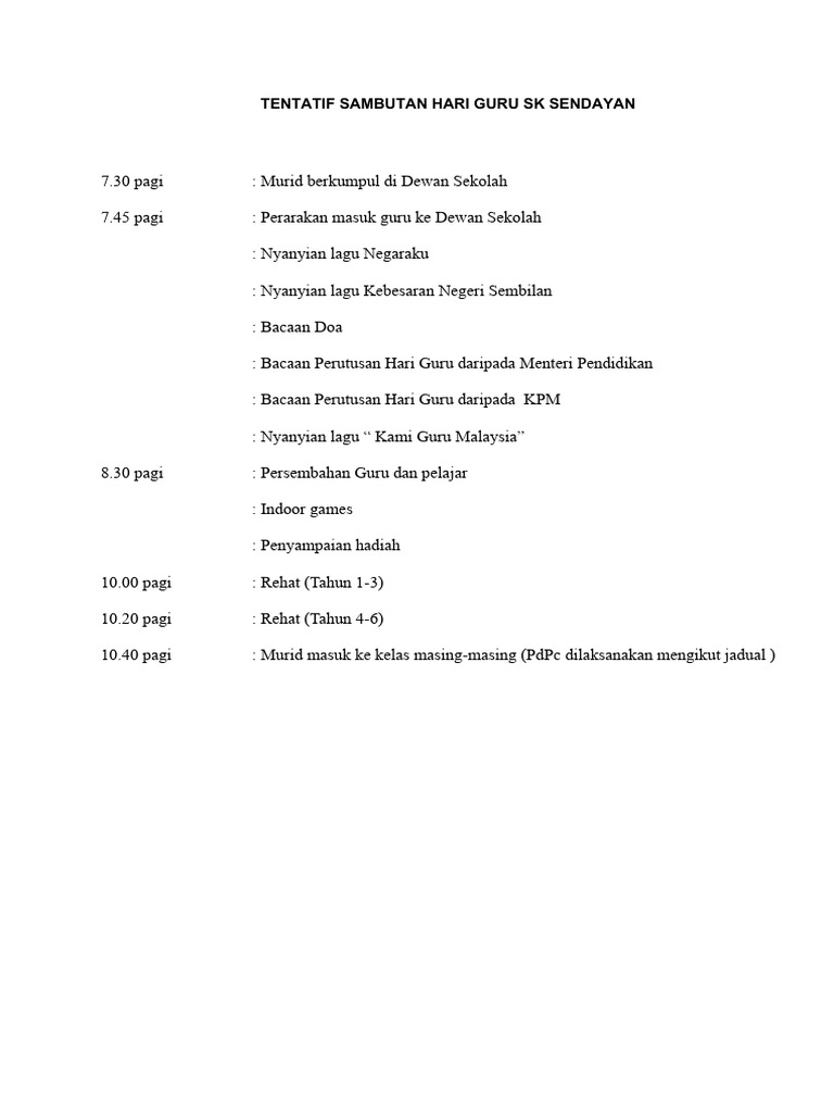 Tentatif Sambutan Hari Guru SK Sendayan | PDF