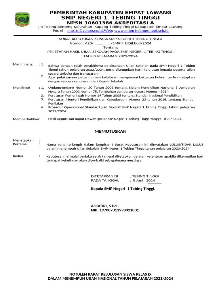 SURAT KEPUTUSAN Kelulusan | PDF