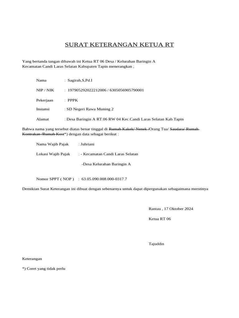 Surat Keterangan Ketua RT | PDF