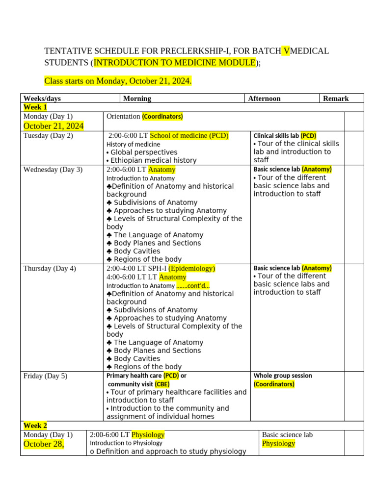 Schedule For Introduction To Medicine Module For Batch V PC Students | PDF | Pharmacology | Muscle