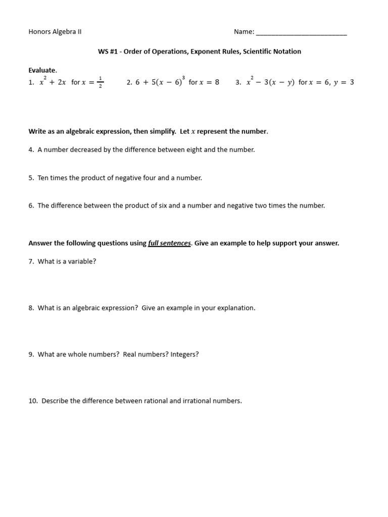 WS 1 - Rev Alg 1 | PDF | Numbers | Integer