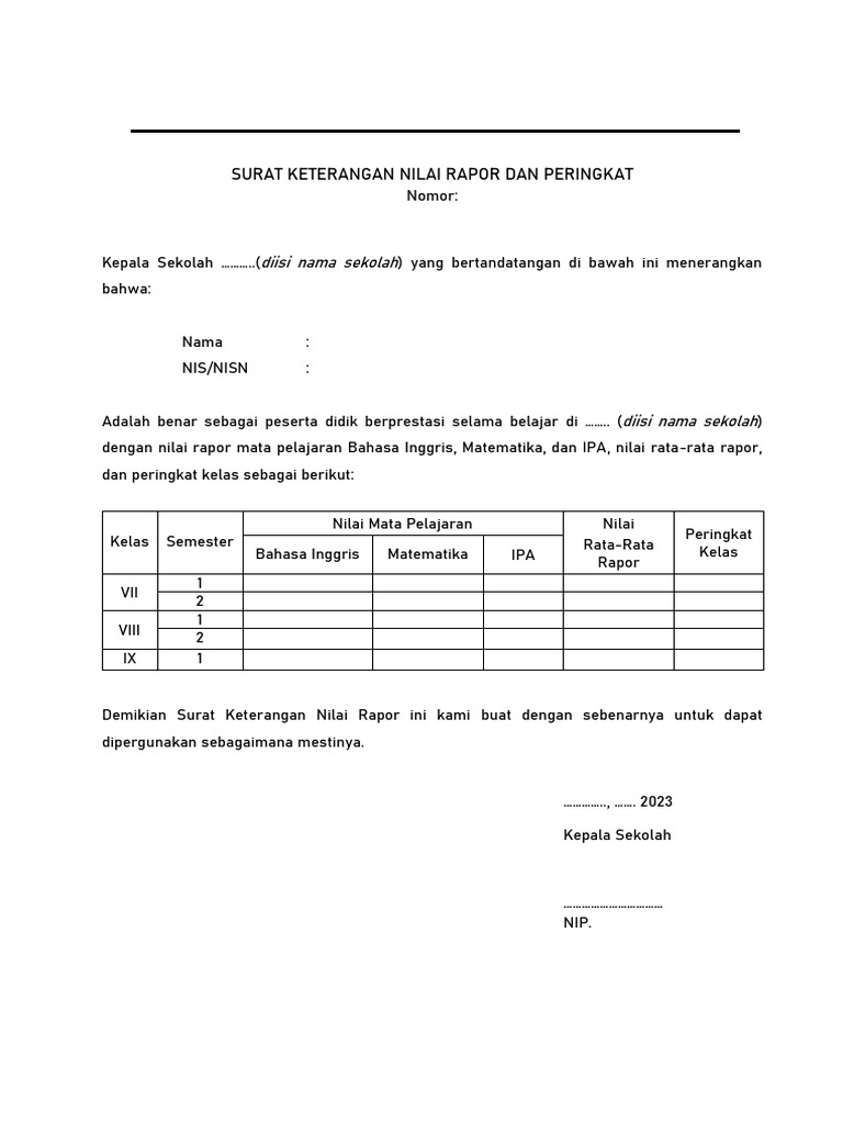 Surat Keterangan Daftar Nilai Rapor | PDF