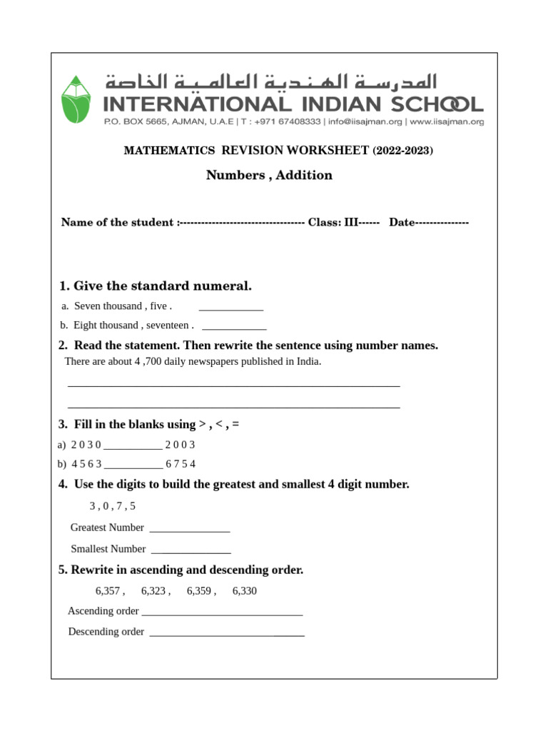 Grade 3 Maths Revision Worksheet | PDF | Mathematics