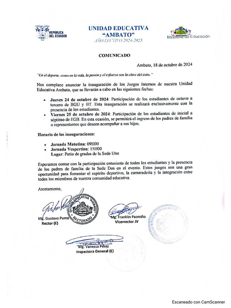 Comunicado Inauguración de Los Juegos Internos Uea 2024-2025 | PDF