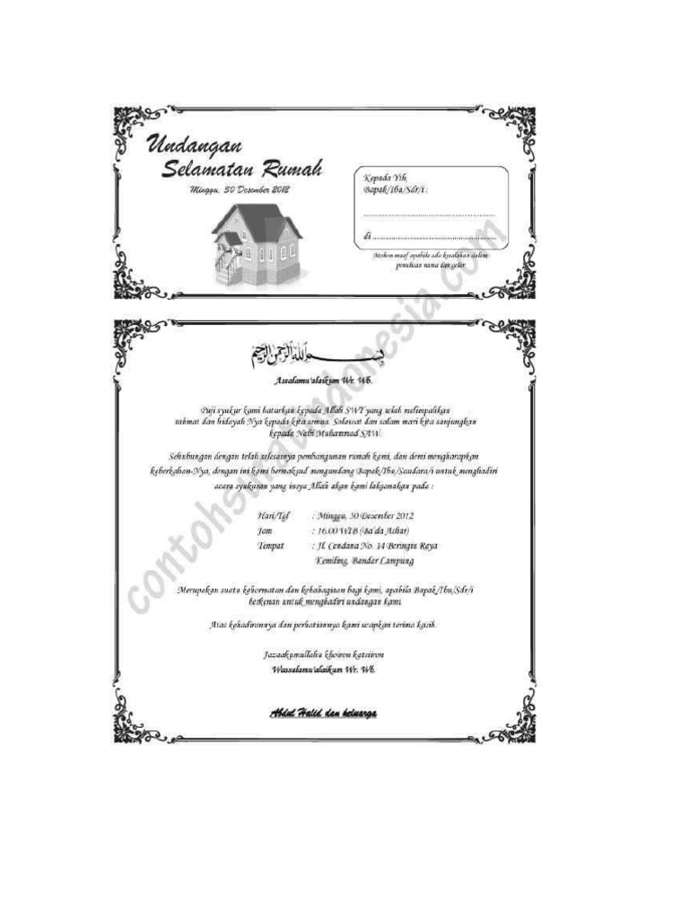 Contoh Surat Undangan Syukuran Rumah Baru - Format Word A4 | PDF