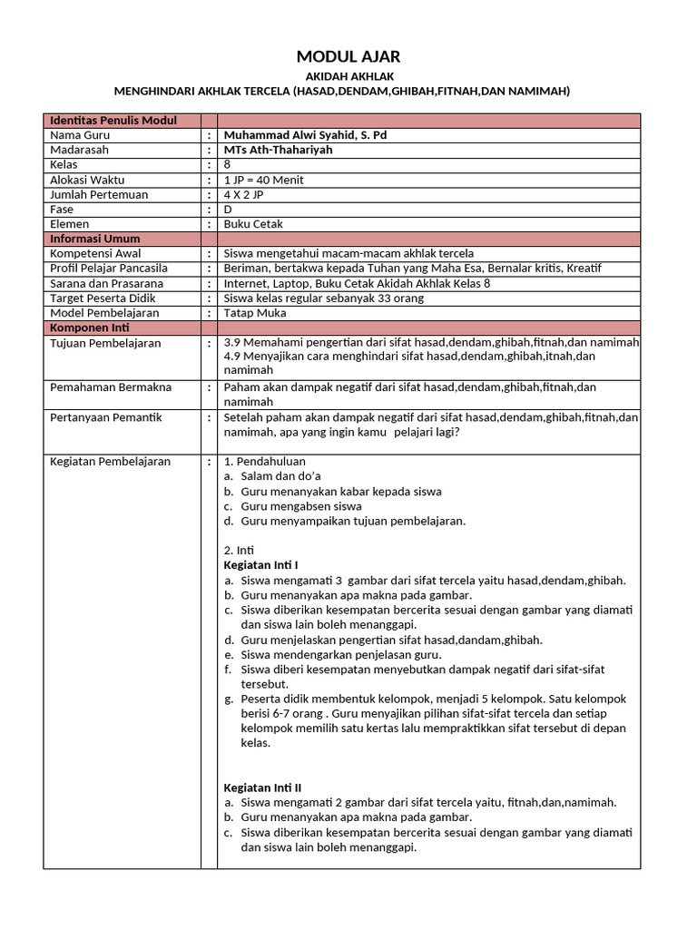 Modul Ajar Akidah Akhlak Kelas 8 | PDF