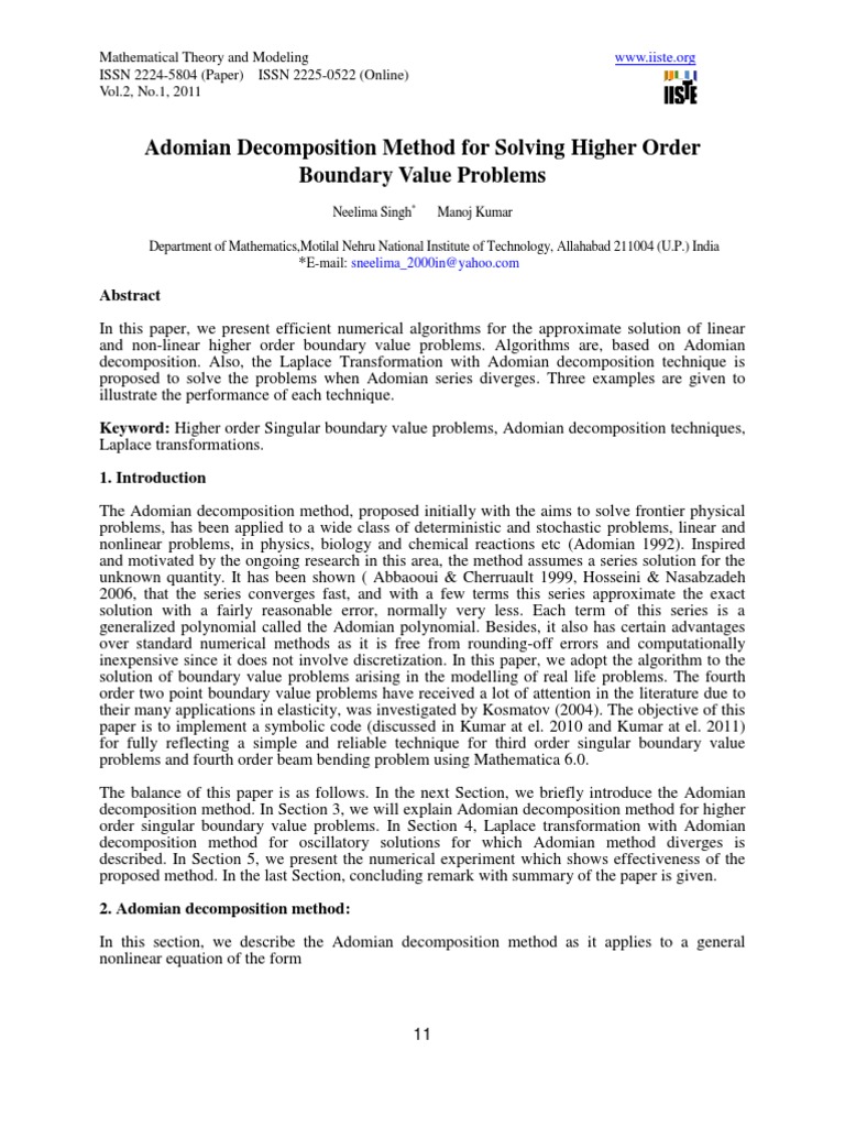 Adomian Decomposition Method For Solving Higher Order Boundary Value Problems Pdf Numerical