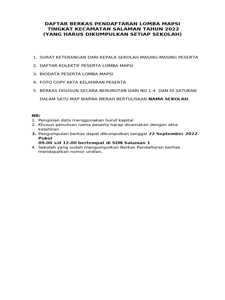 Berkas Pendaftaran Lomba MAPSI 2022 | PDF