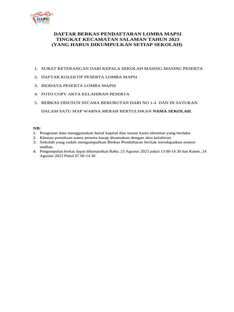 Berkas Pendaftaran Lomba MAPSI 2023 | PDF
