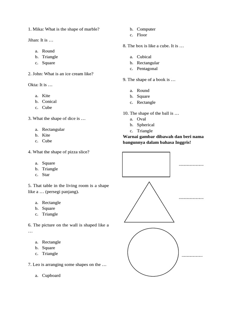 Soal Bahasa Inggris: Bentuk Kelas 1 | PDF