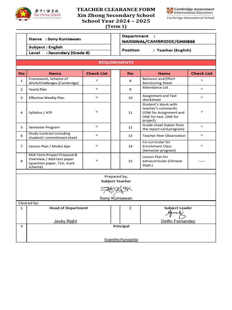 ENG G8 Clearance Form-Signed | PDF | Educational Organizations | Cognition