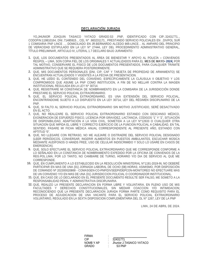 Declaracion PNP | PDF | Documento de identidad | Gobierno
