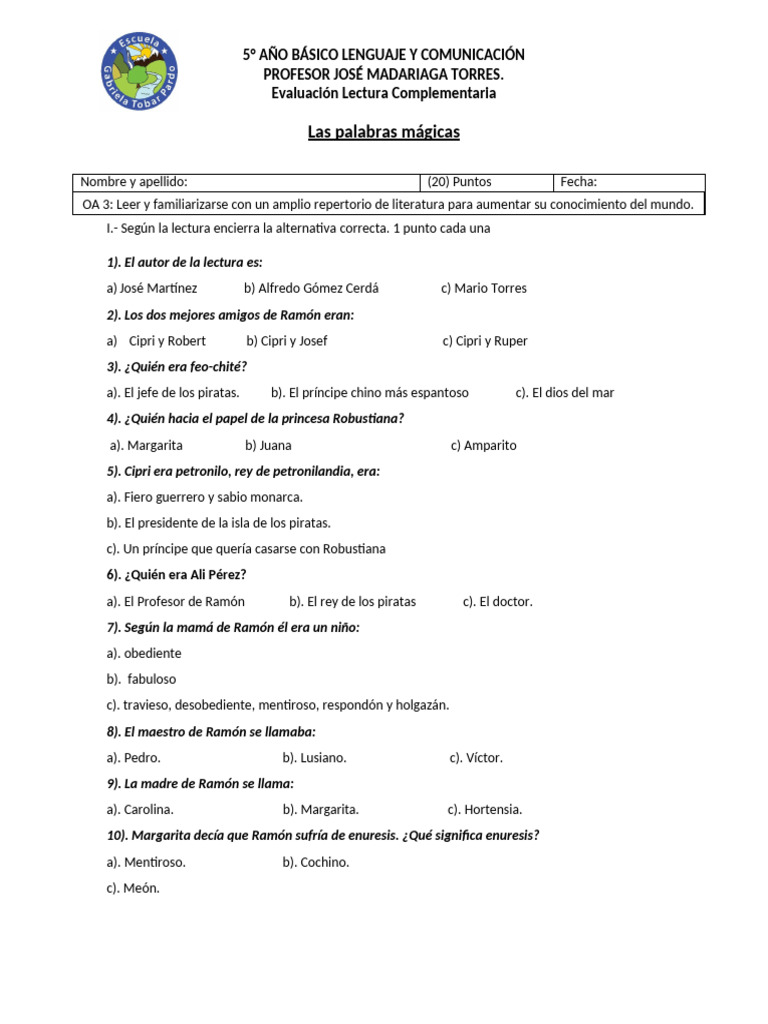 5° Año Prueba Las Palabras Mágicas | PDF