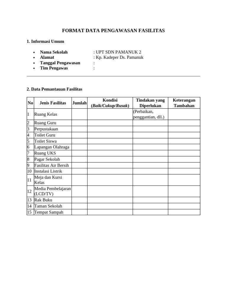 Format Data Pengawasan Fasilitas | PDF