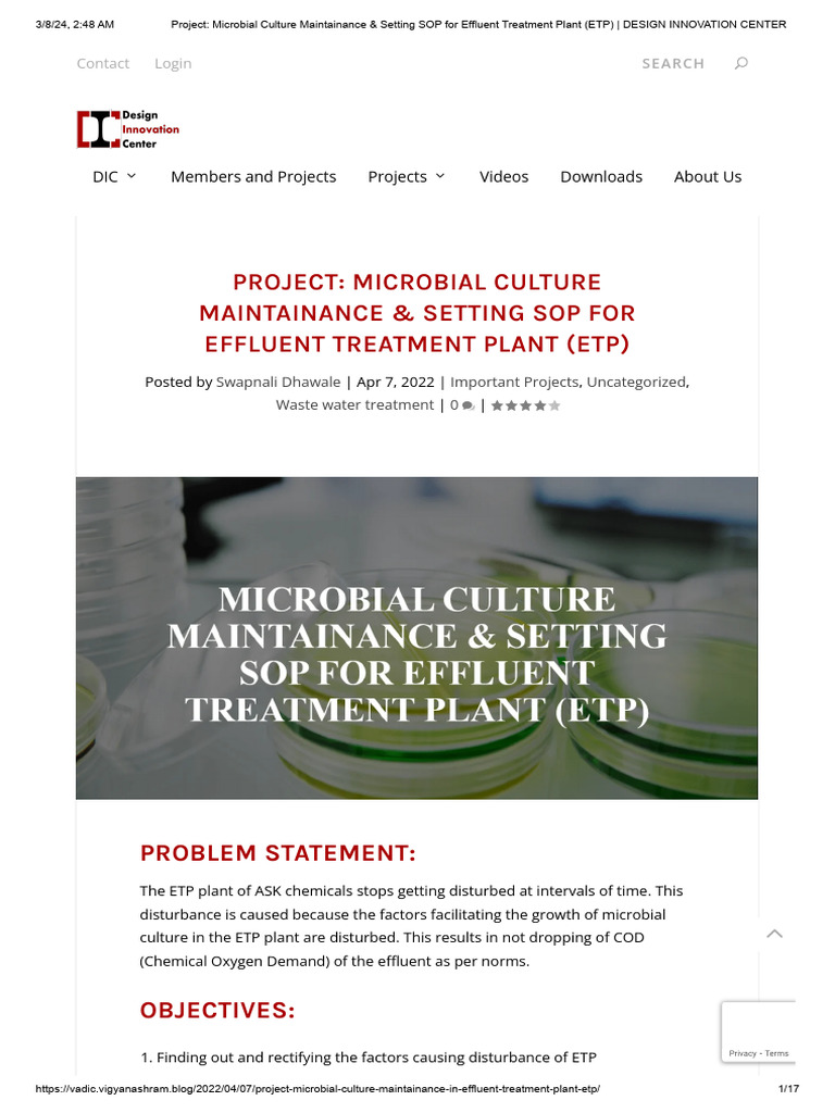 Project - Microbial Culture Maintainance & Setting SOP For Effluent Treatment Plant (ETP ...