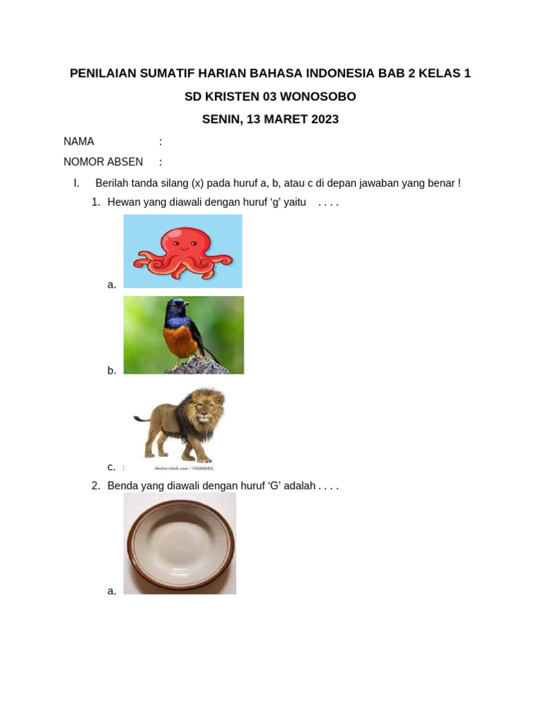 Penilaian Sumatif Harian Bahasa Indonesia Bab 2 Kelas 1 | PDF
