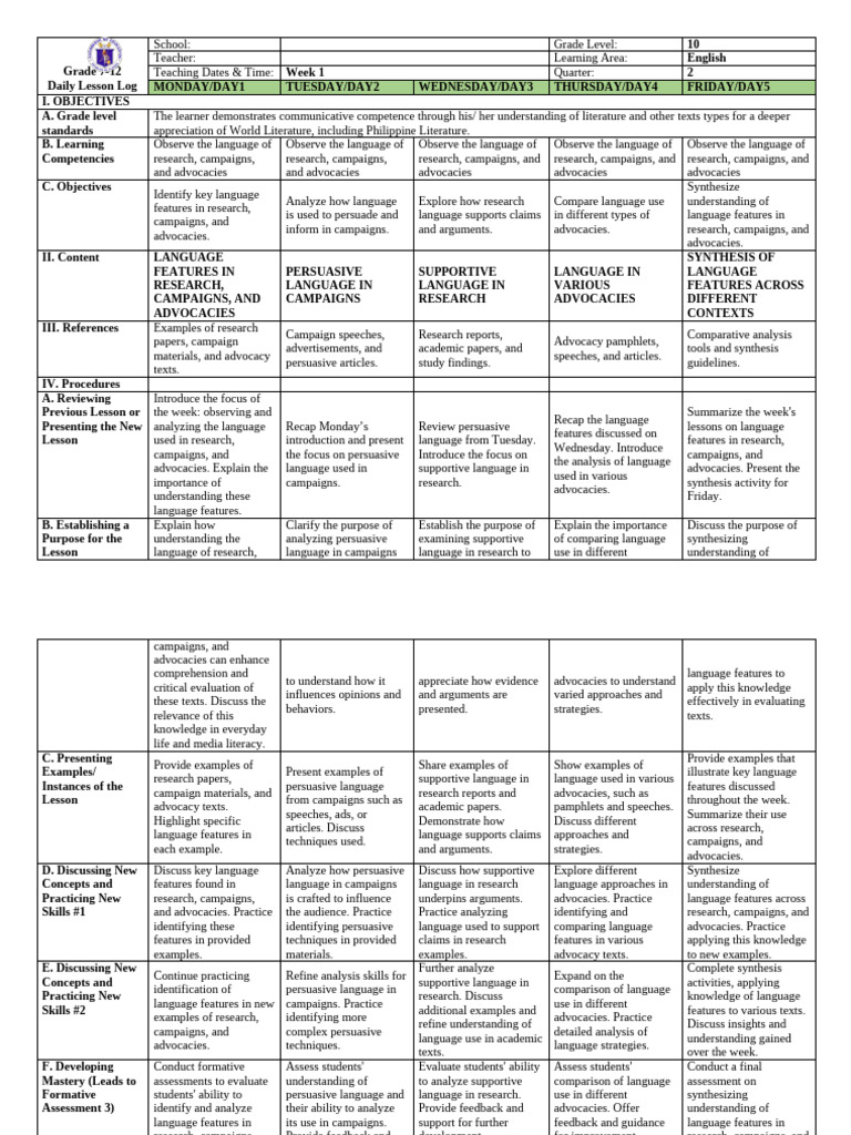 English 10 DLL Quarter 2 Overview | PDF | Reading Comprehension | Verb