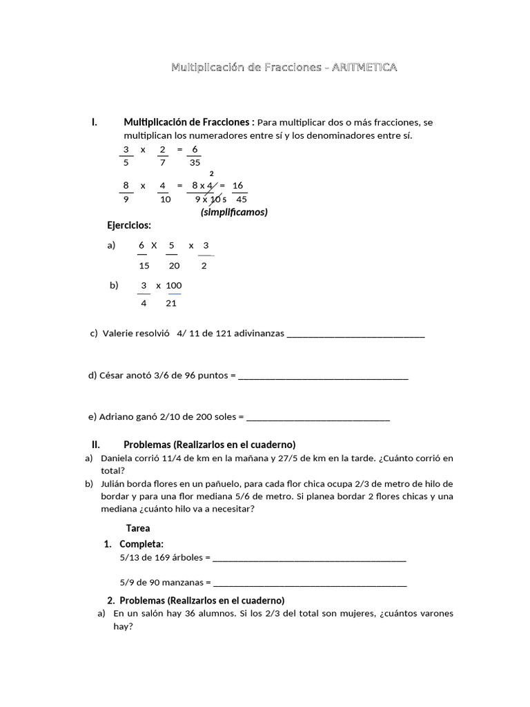 Multiplicación de Fracciones Quinto Grado Primaria Subir | PDF