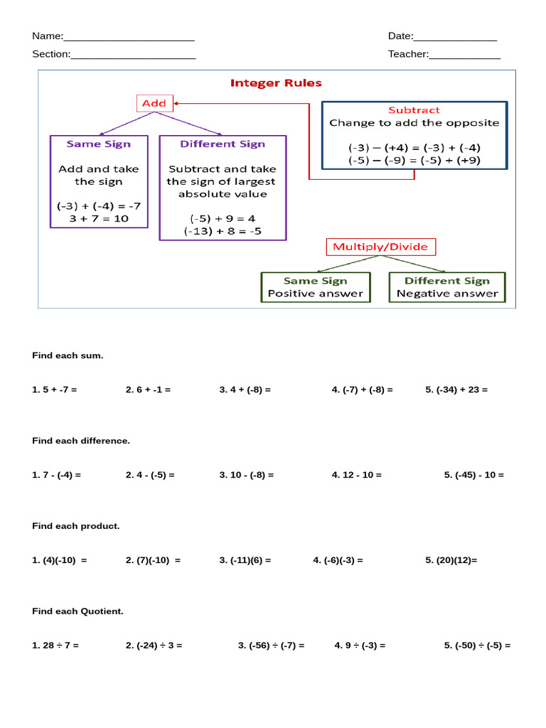 Integers Worksheet | PDF | Teaching Methods & Materials | Computers