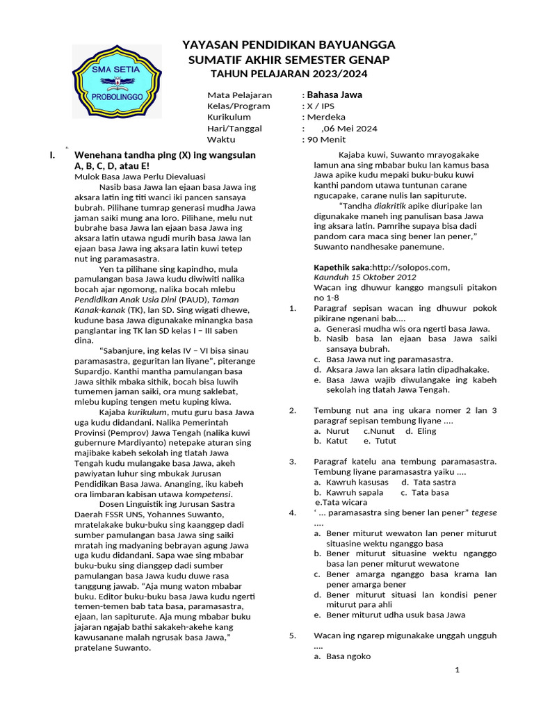 SOAL B. JAWA X SAS Genap 2023-2024 | PDF