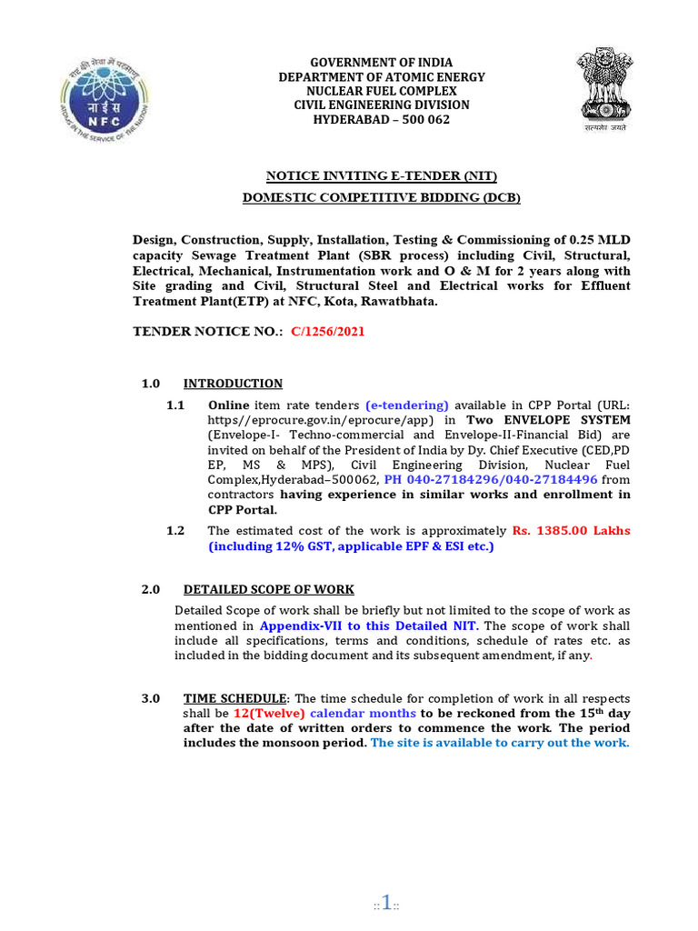 Notice Inviting E-Tender (Nit) Domestic Competitive Bidding (DCB) | PDF ...