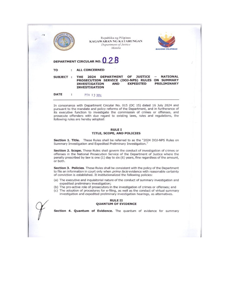 2024 DOJ-NPS Rules On Summary Investigation and Expedited Preliminary ...