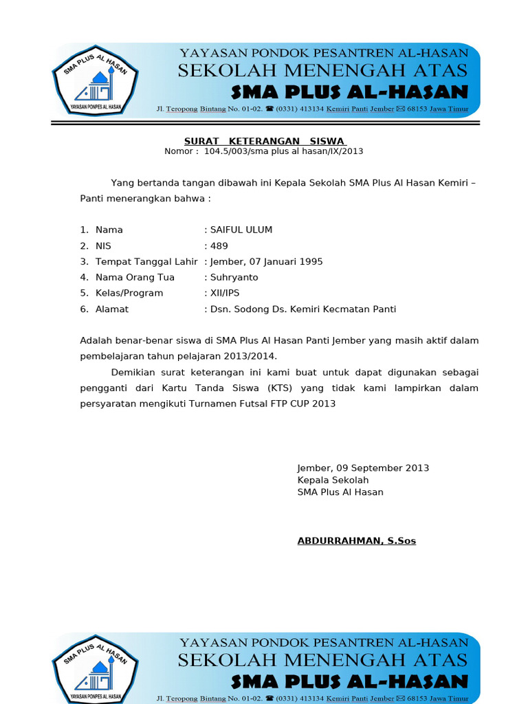 003 Surat Keterangan Siswa | PDF