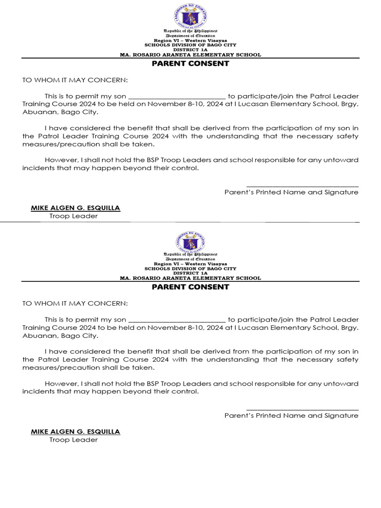 Boy Scout of The Philippines Parent Consent | PDF | Boy Scouts Of America | Outdoor Recreation
