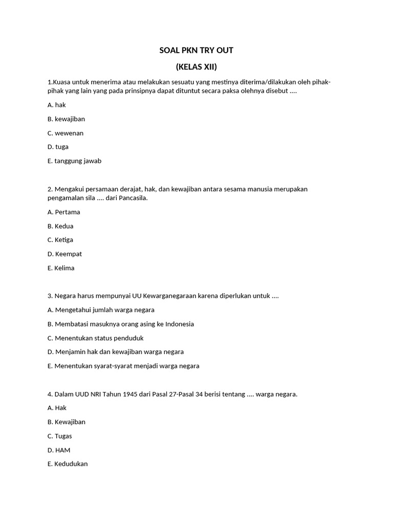 Soal PKN Try Out Kelas Xii 2023 | PDF