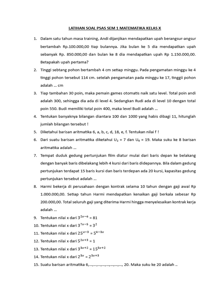 Latihan Soal Persiapan Psas Sem 1 MTK | PDF