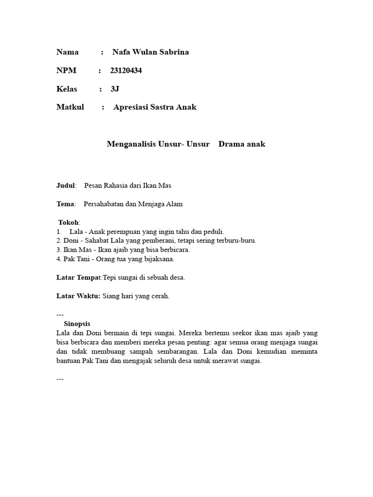 Nafa Wulan Sabrina - 23120434 - 3J - Menganalisis Unsur Unsur Dalam Drama Anak | PDF