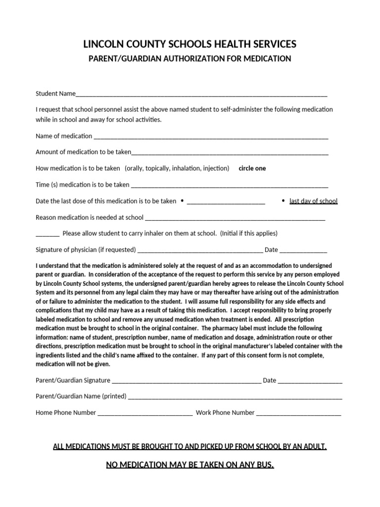 Lincoln County School Medication Authorization | PDF | Dose ...
