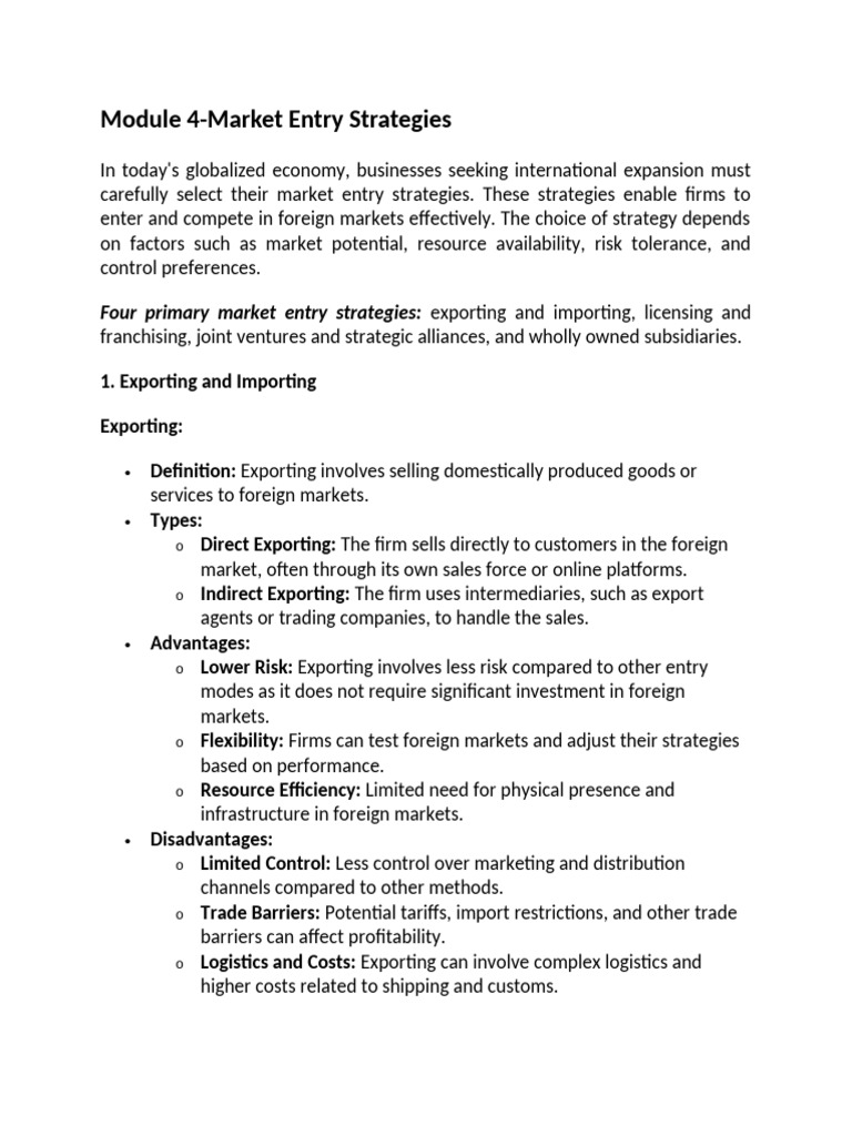 Module 4-Market Entry Strategies | PDF | Franchising | Exports