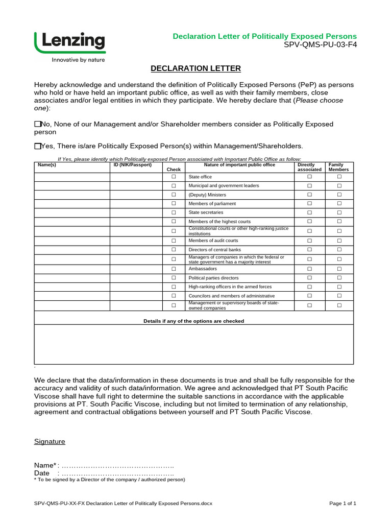 31SM - Lenzing - SPV-QMS-PU-03-F4 Declaration Letter of PeP-3 | PDF ...