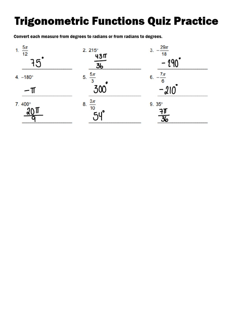 Quiz Practice - Answer Key | PDF | Trigonometric Functions | Trigonometry