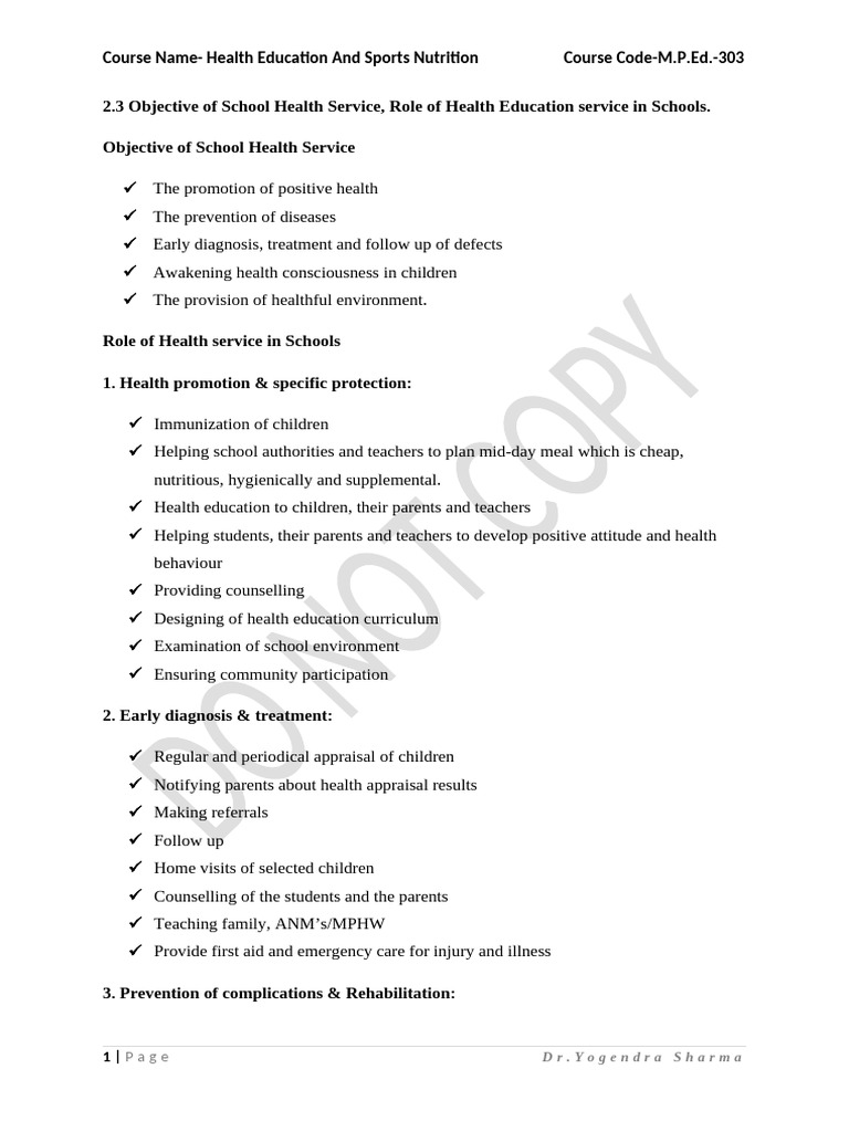 2.3 Objective of School Health Service, Role of Health Education ...