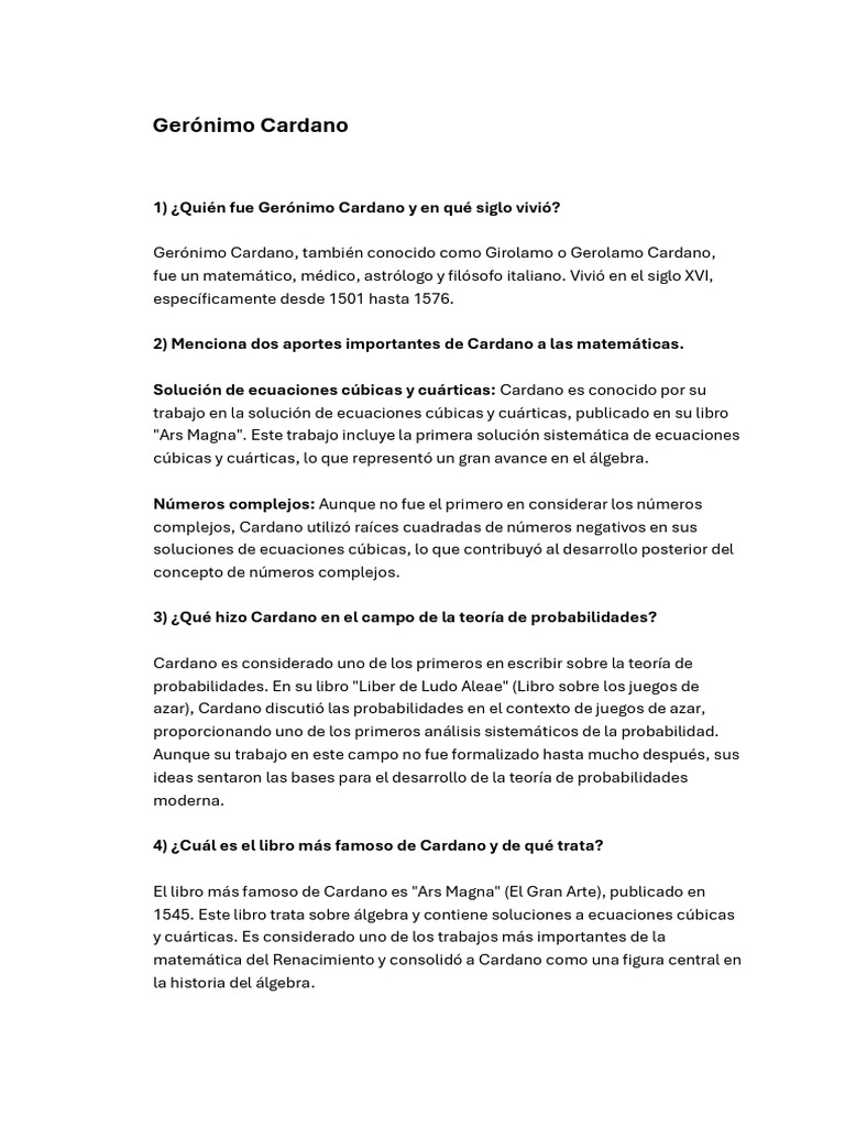 ¿Quién Fue Gerónimo Cardano y en Qué Siglo Vivió | PDF | Leonhard Euler ...