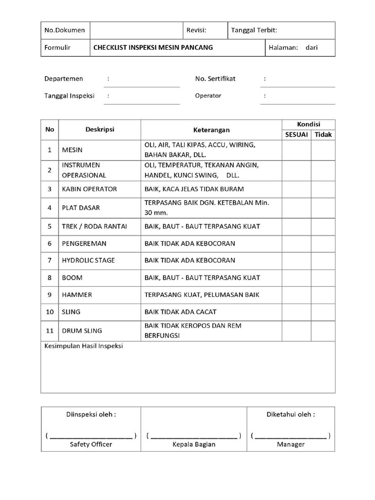 Form Check List Inspeksi Mesin Pancang | PDF