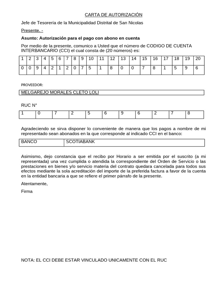 Carta de Autorización Cci Pago | PDF