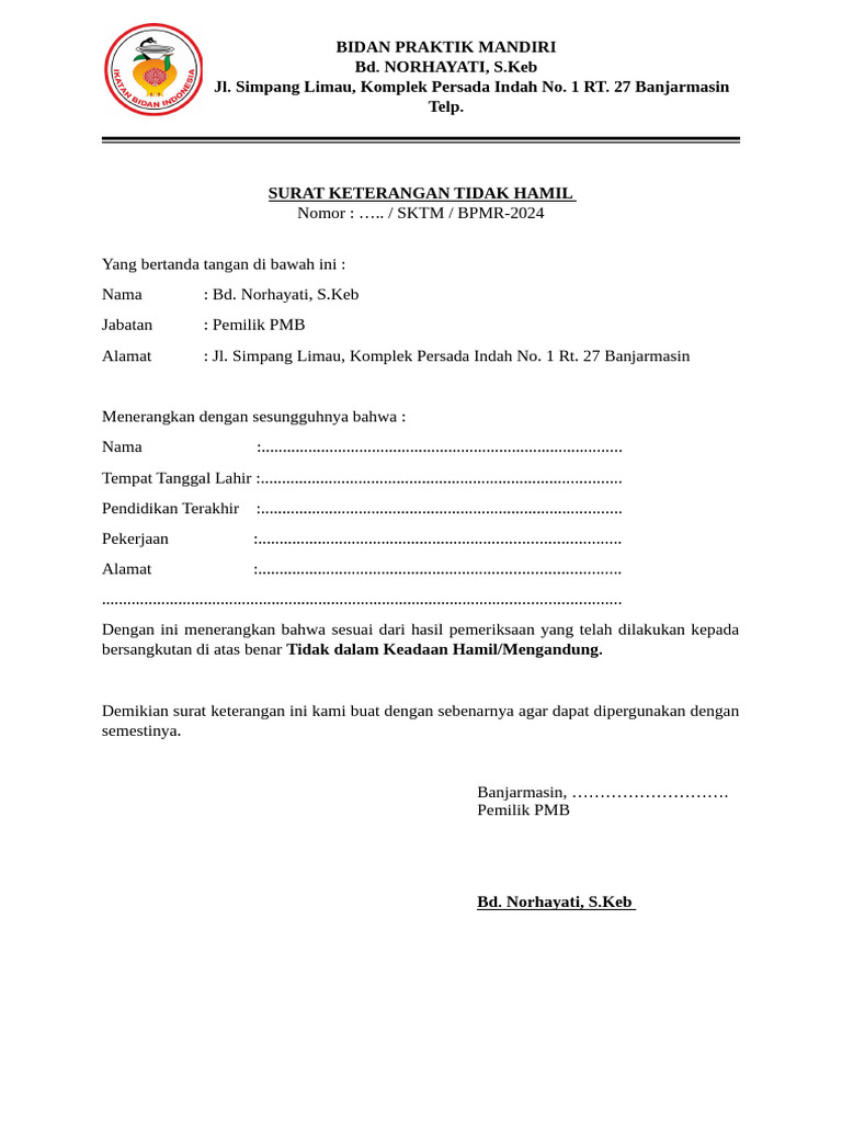 Surat Keterangan Tidak Hamil | PDF
