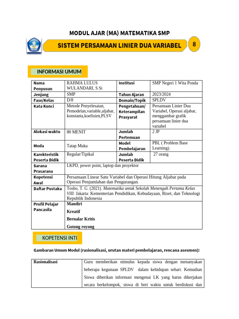 Modul Ajar SPLDV - Rahma Lulus Wulan Dari | PDF | Komputer