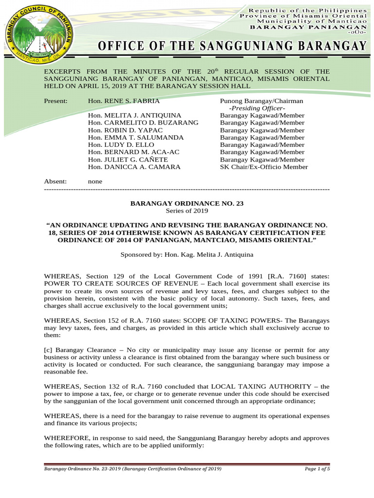 Barangay Ordinance 23-2019 | PDF | Taxes | Justice