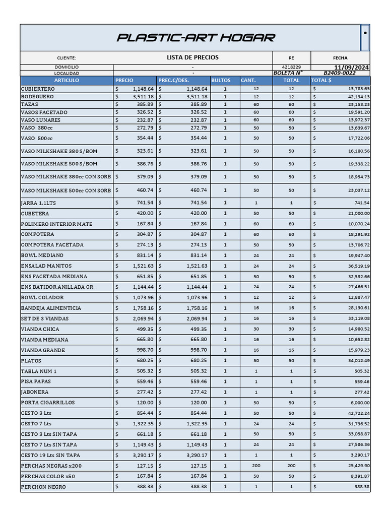 Septiembre 24 Plastic-Art. Lista de Precios | PDF