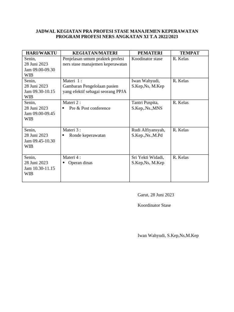 Jadwal Kegiatan Pra Profesi Stase Manajemen Keperawatan | PDF