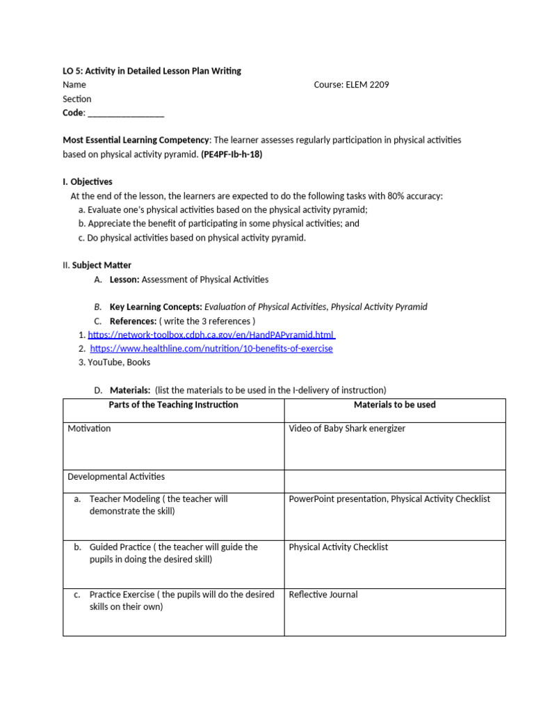 Pe Lesson Plan | PDF | Malnutrition | Lesson Plan