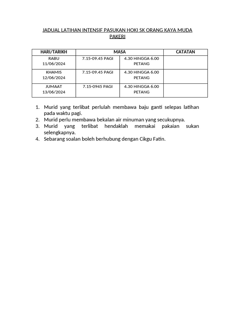 Jadual Latihan Hoki | PDF